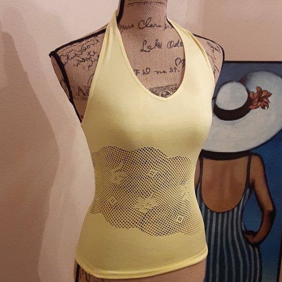 Tops | Hi Sens Yellow Floral Net Halter Top | Poshmark